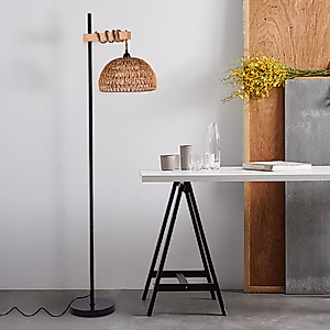 Boho Arc Floor Lamp with Remote, Rattan Farmhouse Standing Lamps with Dimmable LED Bulb, Modern Black Tall Lamp with Woven Shade for Living Room Office Bedroom, App Control, Height Adjustable