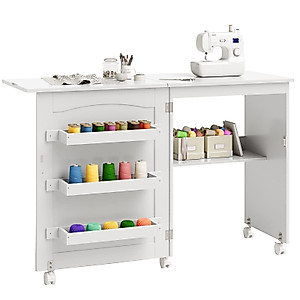 Giantex Folding Sewing Craft Table, Sewing Cabinet with 3 Storage Bins and Shelf, Rolling Craft Station Sewing Machine Work Desk with Lockable Wheels for Apartment Small Spaces, White