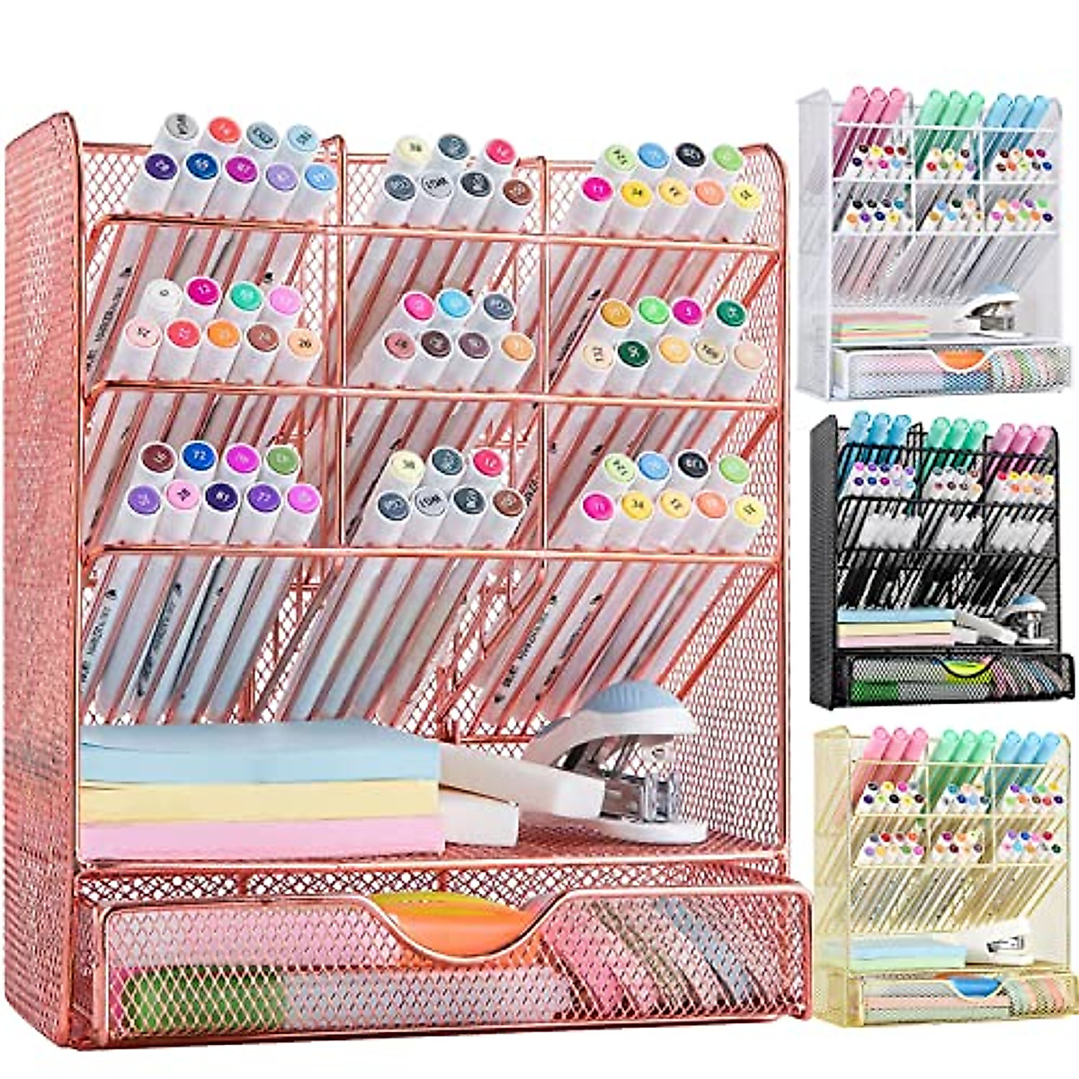 Spacrea Pen Holder Desk Organizer - Desk Organizers and Accessories, Pencil Holder with 10 Compartments and 1 Drawer（Rose Gold）