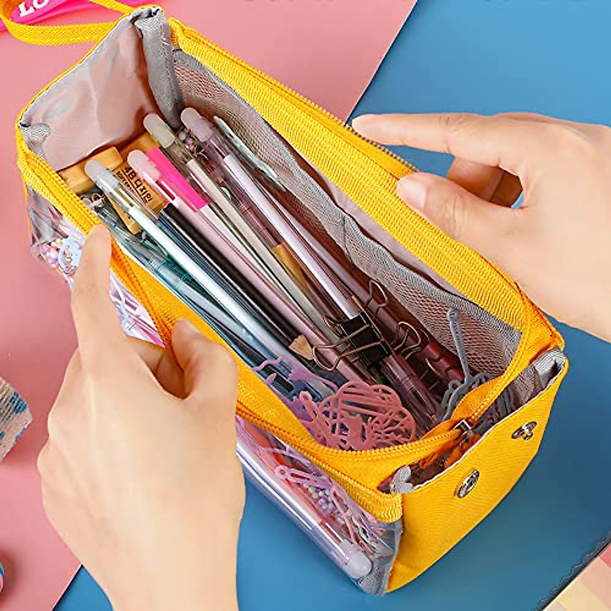 DIYOMR Clear Window Pen Bag Pencil Pouch Pen Cases for Adults, Small Makeup Bag Zipper Stationery Bag For Office Teen College Students Adults Grils Boys(Yellow)