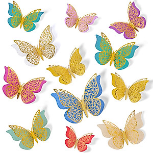 SAOROPEB 3D Butterfly Wall Decor, 24 Pcs Butterfly Decorations Double Layers Wall Stickers for Party Decorations Baby Show Decorations Wedding Decor Room Dcor DIY Gift (Gold)