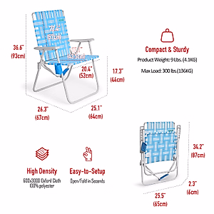 SunnyFeel 15" Tall Folding Webbed Lawn Beach Chair for Adults 2 Pack, Oversized Portable High Seat Sand Chair Heavy Duty 300 LBS, Foldable Camping Chairs for Camp/Outdoor/Picnic/Concert/Sports