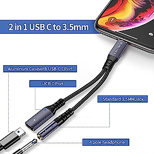 USB c Headphone Adapter,USB C to 3.5mm Headphone and Charger Adapter,USB C to AUX Mic Jack with PD 60W Fast Charging for Samsung Galaxy S20 S21 21 S22 22 iPad Pro Air 4 5 Mini 6 (2 in 1)