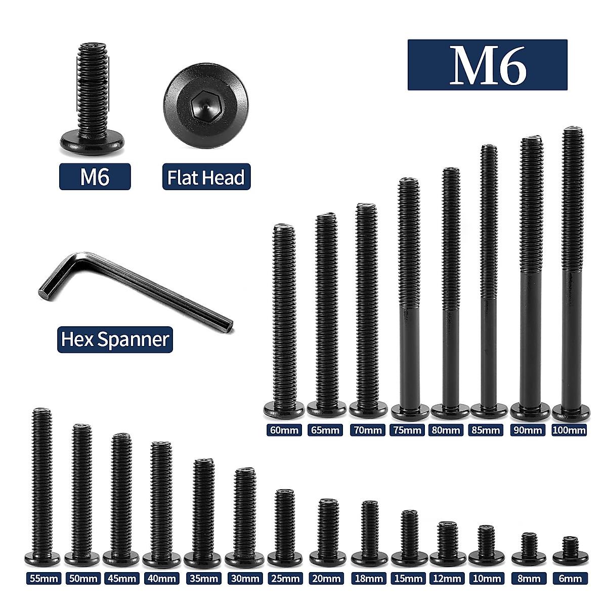 M6 x 80mm 20Pcs Flat Head Hex Socket Cap Screws Bolts, 304 Stainless Steel 18-8, Partially Threaded, Black Oxide by SG TZH (with Hex Spanner)