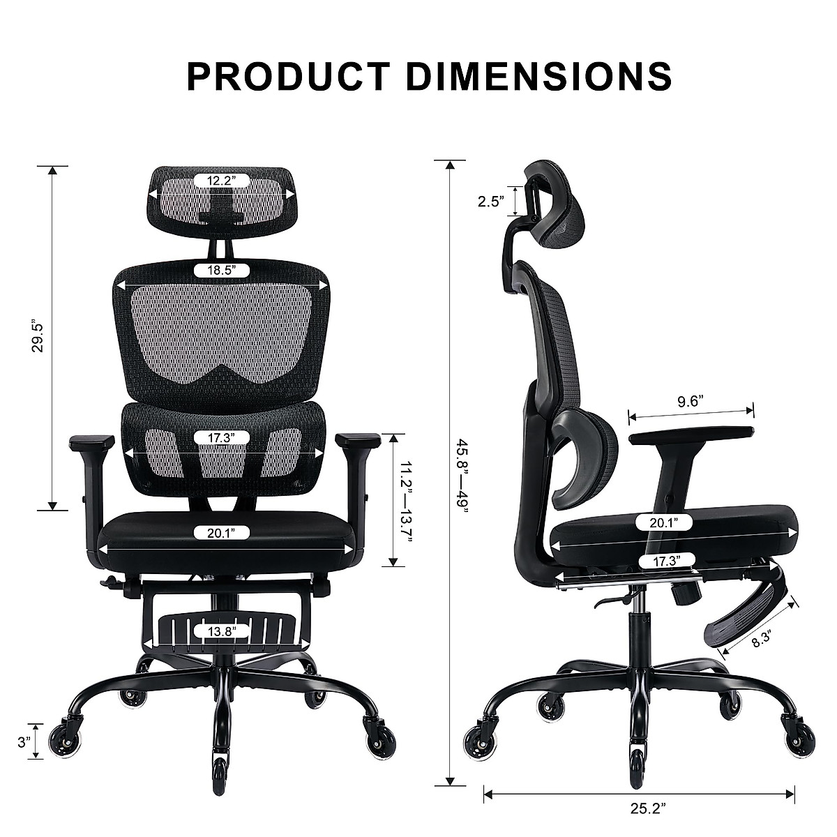 DOXACEF Ergonomic Office Chair with Footrest Lumbar Support High Back Desk Chair Mesh Computer Chair with Adjustable 3D Armrest Breathable for Adults Reclining Chair (Black)