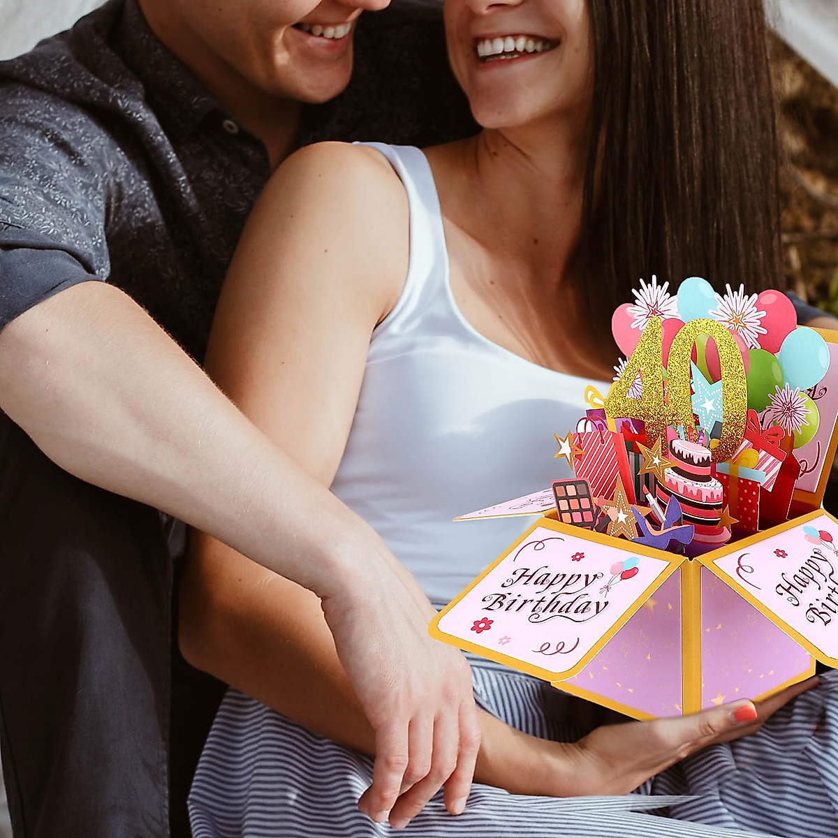 Happy Birthday Pop Up Card, Creative 3D Birthday Card with Classic Envelope & Writing Note Happy Birthday Pop Up Box for Women Men(40th Birthday Card)