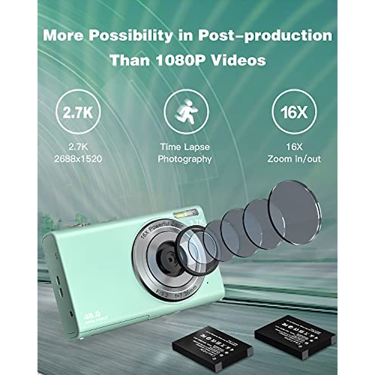 Digital Camera 2.7K 48MP Vlogging Camera, Auto Focus Digital Point and Shoot Camera with 32GB Memory Card,Time Lapse Digital Cameras for Kids Teenagers Students Boys Girls - Green