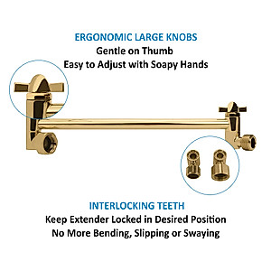 ShowerMaxx, 10 Inches Stainless Steel Adjustable Shower Arm Extender, Adjustable Height and Angle For Fixed, Rain, Handheld Shower Heads, Universal NPT 1/2 inch Connector, Polished Brass Finish