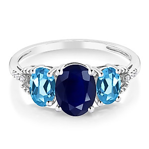 Gem Stone King 10K White Gold Blue Sapphire Swiss Blue Topaz and Diamond Accent 3-Stone Women's Engagement Ring 2.84 Ct Oval (Size 9)