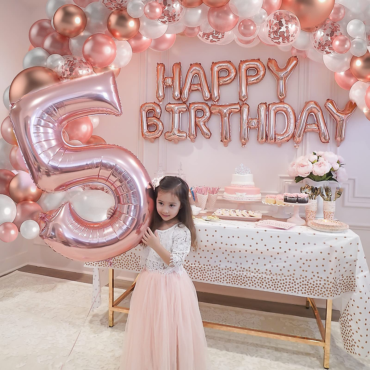 Janinus Rose Gold Balloons Garland Arch Kit- 5+12+18 Inch Rose Gold White Confetti Birthday Balloons Decorations For Women Girls Princess Engagement Wedding Birthday Party decorations