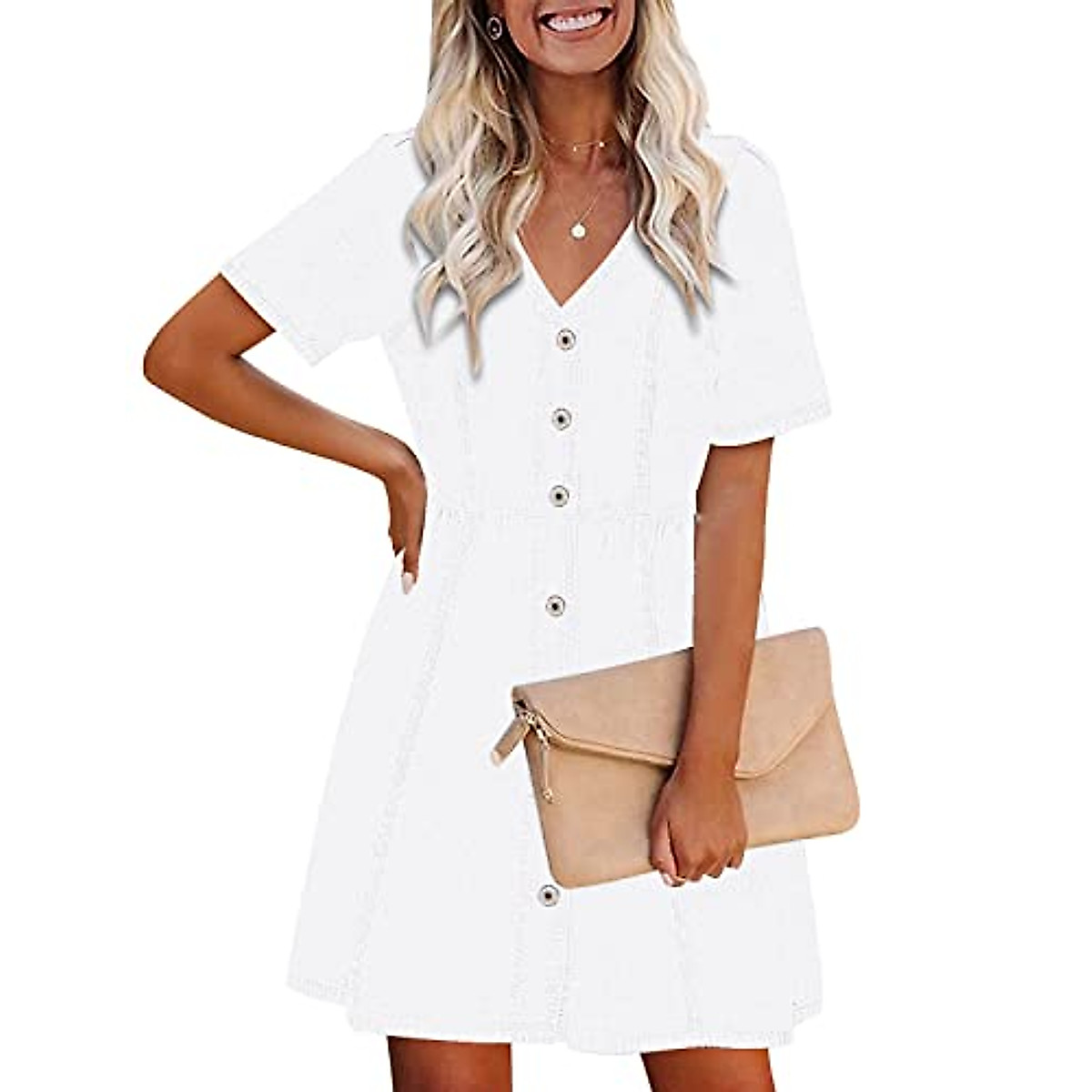 luvamia Women's Denim Shirt Dress Button Down Skirt V Neck Short Sleeve Jean Dresses Cute Dresses Skater Dress Knee Length Dress for Women A Line Dresses for Women Brilliant White Size Medium