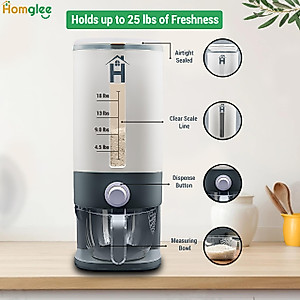 Homglee Rice Dispenser 25 Lbs – Moisture Proof Rice Container with Measuring Cup for Kitchen Pantry – Ideal Rice Storage Container with Lids & Built-in Box for Grains Cereals Soybean Corn – Grey