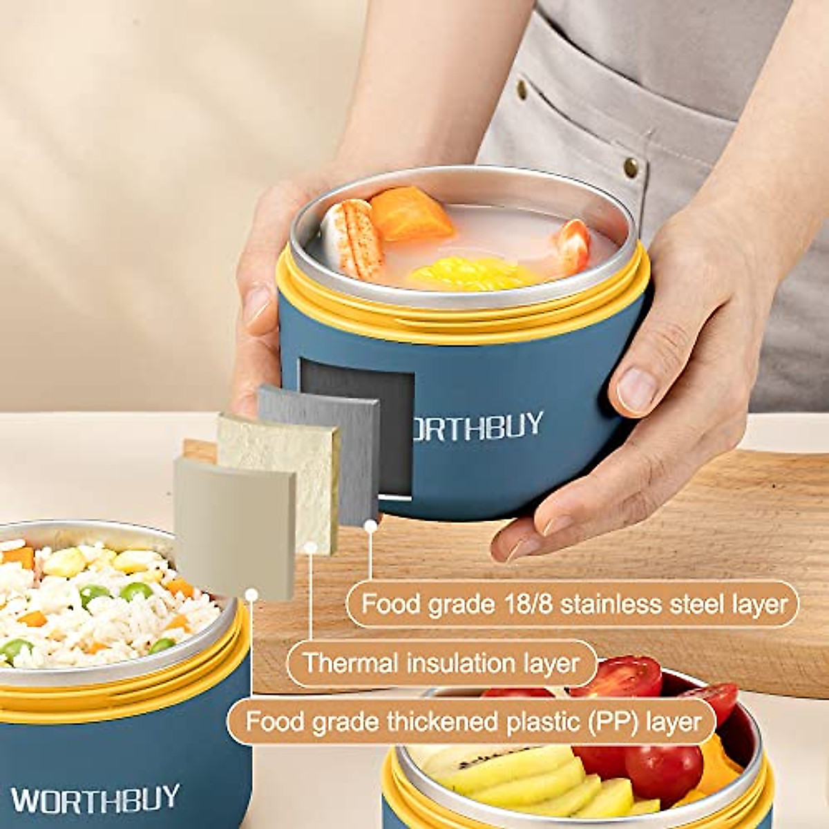 YBOBK HOME Thermal Bento Lunch Box For Food, Portable Keep Warm Lunch Container For Kid Adult To School Work, Stainless Steel Insulated Lunch Box With 2 Separate Microwave Food Containers (Blue 34oz)