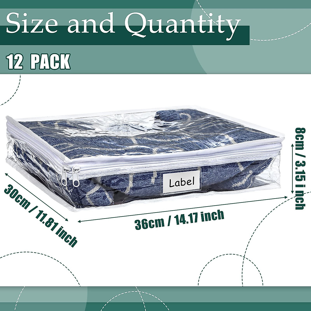 12 Pcs Clear Zippered Storage Bags PVC Sweater Storage Bags Sheet Organizer Plastic Sheet Storage Sweater Bags with Zipper and Label Pocket for Clothes Closet Linen Sweater Pillow (14 x 12 x 3 Inch)