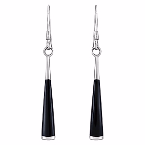 AeraVida Dainty Drop Elegant Slim Triangle with Simulated Black Onyx Stone .925 Plain Aesthetic Sterling Silver Dangle Earrings