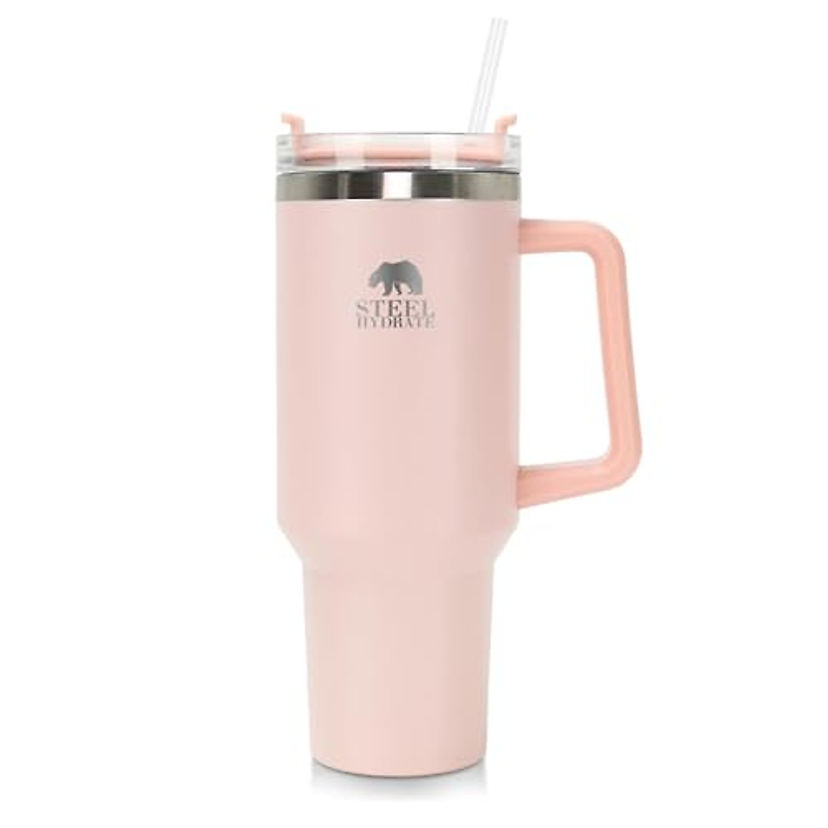 SteelHydrate 40 Oz Tumbler With Handle With Lid and Straws | Insulated Stainless Steel Travel Mug | Reusable Eco-Friendly Choice | Iced Tea or Hot Coffee | Water Bottle Cup (Plush Pink)