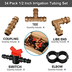 34 Pieces Drip Irrigation Fitting Kit 1/2 Inch Tubing Set, 2 Switch, 8 Tee, 8 Coupling, 8 Elbow and 8 End Cap Plastic Plug, Drip Irrigation Barbed Connector for Compatible Drip or Sprinkler System