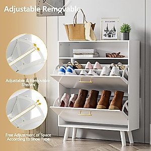 Wananlanen White Shoe Storage Cabient with 2 Flip Drawer, Narrow Freestanding White Shoe Organizer Cabinet, Modern Shoe Racks with Open Shelves for Entryway