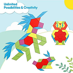 Coogam 160 PCS Wooden Shape Puzzle Pattern Blocks, Geometric Tangrams Game Brain Teaser Toy, Geo Preschool Learning Activity STEM Montessori Gift for Kids with 24 Pcs Design Cards