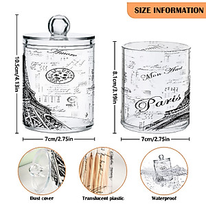 WELLDAY Apothecary Jars Bathroom Storage Organizer with Lid - 14 oz Qtip Holder Storage Canister, Paris Eiffel Tower Clear Plastic Jar for Cotton Swab, Cotton Ball, Floss Picks