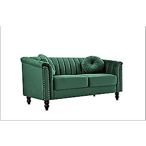 Container Direct 61'' Mid-Century Modern Velvet Loveseat, Chesterfield Inspired Luxury 2 Seater Couch for Living Room with Removable Cushions and Turned Wood Legs, Green