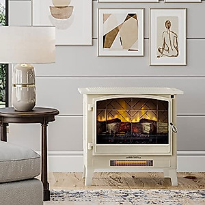 Country Living Infrared Freestanding Electric Fireplace Stove Heater in Cream | Provides Supplemental Zone Heat with Remote, Multiple Flame Colors, Metal Design with Faux Wooden Logs