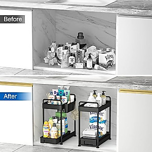 Panta Under Sink Organizer 2 Pack, 2-Tier Sliding Cabinet Organizers and Storage with Hooks, Large Capacity Pull-out Under Sink Shelf, Multi-Use Under Sink Storage for Bathroom and Kitchen