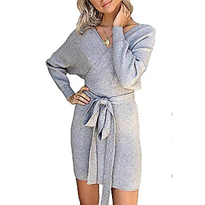 Zonsaoja Women's Sweater Dress Sexy V Neck Long Sleeve Backless Wrap Knitted Mini Dresses Grey S