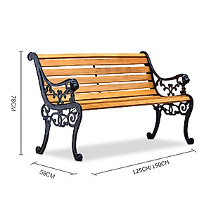 Outdoor Solid Wood Garden Park Bench, Patio Lawn Bench Porch Seat with Rust Resistant Cast Iron Frame, Slatted Seat with Backrest and Armrests for 2-3 People, Furniture for Deck/patio