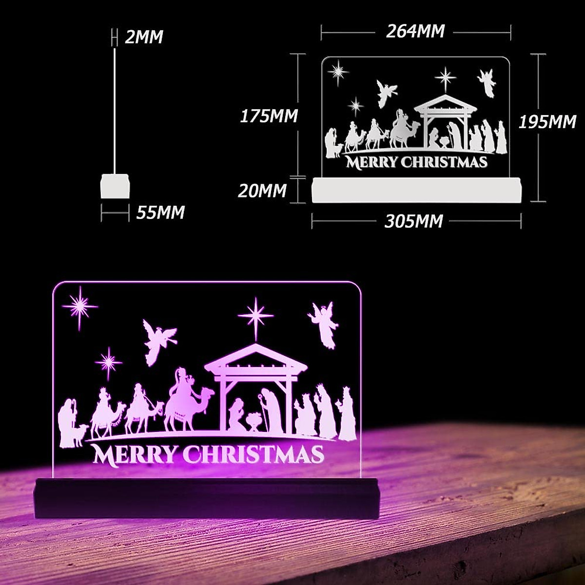 The Geeky Days Merry Christmas Optical Illusion Light Rmeote Control Multi Color LED Lighting Desktop Lamp Home Decorative Nativity Scene of Baby Jesus Christ USB Beside Lamp