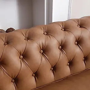 N NOORDENIYA Chesterfield Sofa, 89 "Faux Leather Couch Upholstered Sofa with Low Back, Roll Arm Nailhead Trim Classic 3 Seater Sofa for Living Room, Home Furniture (Brown)