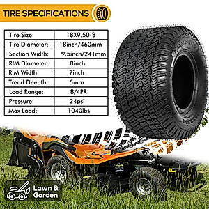 WEIZE 18X9.50-8 Lawn Mower Tire, 18X9.5-8 Tractor Turf Tire, 4 ply Tubeless, 1040lbs Capacity, Set of 2