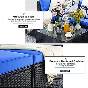 Waleaf 5 Pieces Outdoor Furniture Rattan Sectional Patio Sofa, Outdoor Indoor Backyard Porch Garden Poolside Balcony Wicker Conversation Set with Table (Dark Blue)