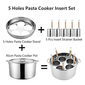 Pasta Cooker Insert Set, Insert Strainer Basket Cookware with Pasta Pot Stand,with Lid for Home Kitchen Restaurant Cooking Noodle Dumpling(5Holes)