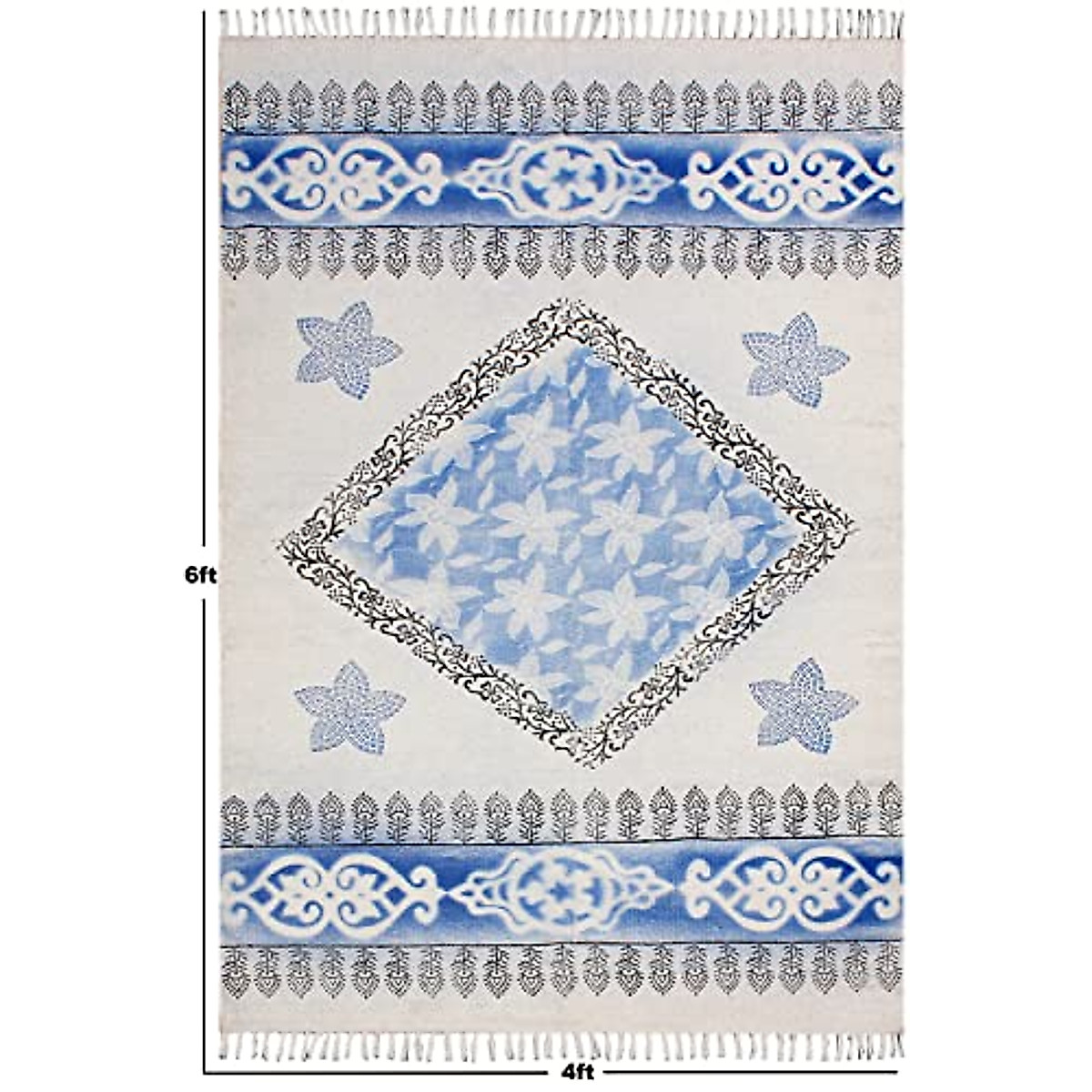 Casavani Hand Block Printed Cotton Dhurrie Geometric Blue & Beige Tassel Rug Easy Care Washable Rugs for Doormat Entryway Living Room Bedroom Hallway Balcony 4x8 Feet