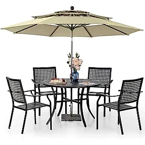 PHI VILLA 5 Pieces Patio Dining Set for 4 with 10ft Patio Umbrella, Metal Patio Circle Table Outdoor Stackable Wrought Iron Chair Set of 4 & 42" Large Round Dining Table,3 Tier Vented Beige Umbrella