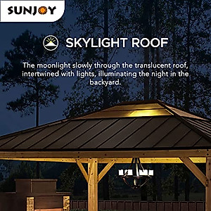 Sunjoy Hardtop Gazebo 13 x 15 ft. Standard Cedar Framed Wood Gazebo with Brown Steel and Polycarbonate Hip Roof Hardtop for Garden, Backyard Shade, Brown Roof + Natural Wood Frame