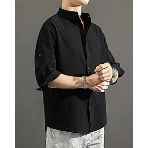 Men's Cotton Linen Shirt Solid Plain Roll-Up Sleeve Summer Beach Shirts Casual Button Down Yoga Shirt Tops (Black,Large)