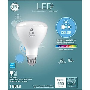 GE Lighting LED+ Color Changing Indoor Floodlight Bulb, 18 Colors & 5 Light Modes, No App or Wi-Fi Required, Remote Included, BR30 Indoor Floodlight Bulb (1 Pack)