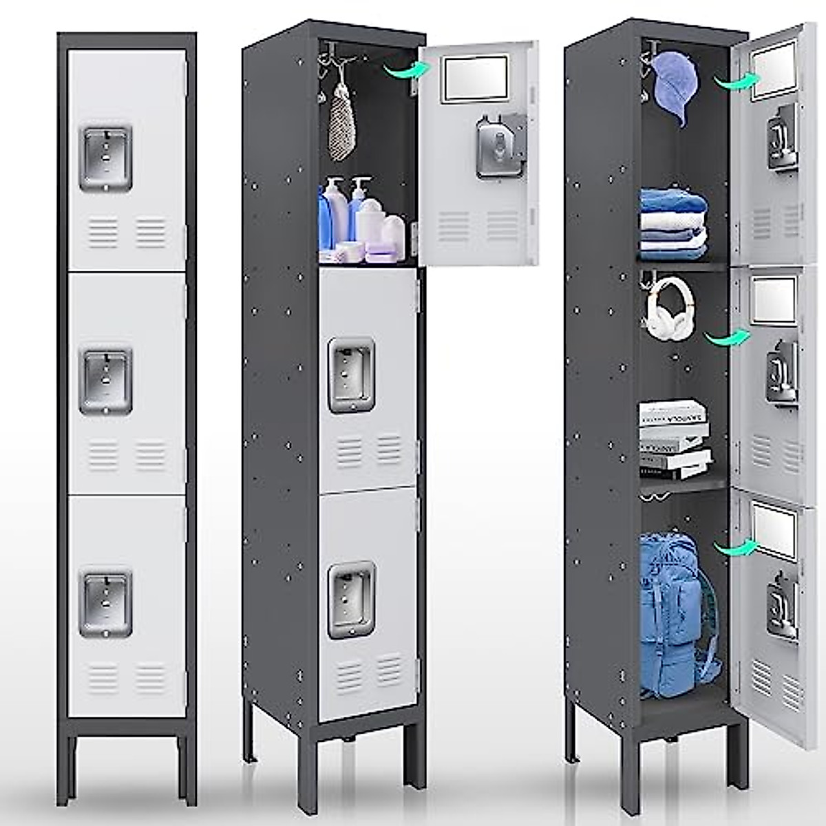 KAER 3 Doors Metal Locker,Lockable Storage Cabinet,Metal Lockers for Employees,Locker for School, Gym, Home, Office, Garage Storage Cabinet with Mirror Hook and Assembly Tool (Off-White, Unassembled)