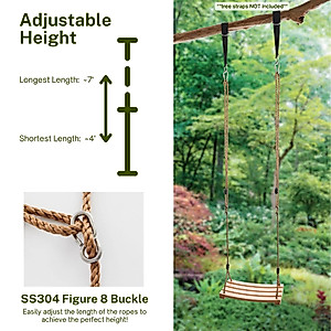Wooden Tree Swing for Kids - ASTM F1148-21 Certified - Double Coated 16.5”x7.8” Wood Swing Seat for Outside - Weatherproof Adjustable Polyester Ropes - Outdoor or Indoor Kids Tree Swing Set - Backyard
