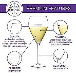 Portion Control Wine Glass, Set of 2, Elegant Hand Blown Italian Style Lead-Free Premium Crystal Glass 10oz, with 5oz 100 Calorie Measurement Etched Line for Red, White, Rose or Sparkling Wine