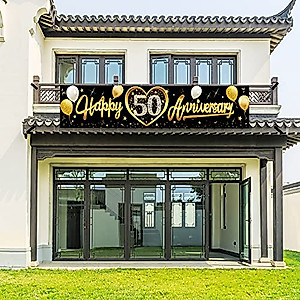 Happy 50th Wedding Anniversary Banner Decorations, Black Gold 50th Anniversary Sign Party Supplies, 50th Wedding Anniversary Decor Photo Booth for Outdoor Indoor