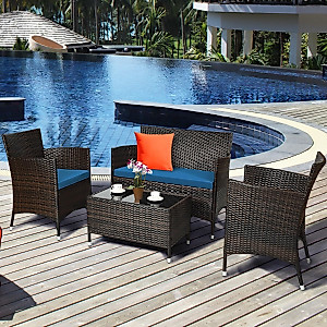 DORTALA 4-Piece Rattan Patio Furniture Set, Outdoor Sofa Table Set with Tempered Glass Coffee Table, Thick Cushion, Wicker Conversation Set for Garden, Lawn, Poolside and Backyard, Peacock Blue