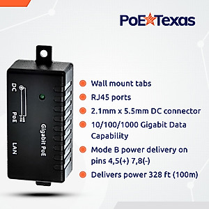 Poe Texas PoE+ Injector - Single Port Power Over Ethernet Passive PoE Adapter - 10/100/1000 Gigabit Data - Includes 48V 30W Power Supply - Wall Mounting Plug & Play for Home Office, VoIP Phone WiFi AP