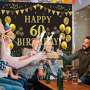 Trgowaul 60th Birthday Backdrop Gold and Black 5.9 X 3.6 Fts Happy Birthday Party Decorations Banner for Women Men Photography Supplies Background Happy Birthday Decoration