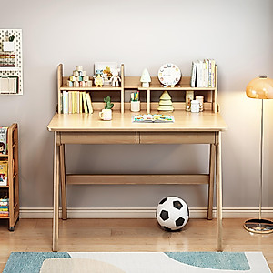 BALANBO Kids Desk Kids Table Rubber Wood Children’s Study Desk with Bookshelf and Two Drawers Desk for 3 Years Old and Above Student's Study Computer Workstation & Writing Table for Home Use(Nature