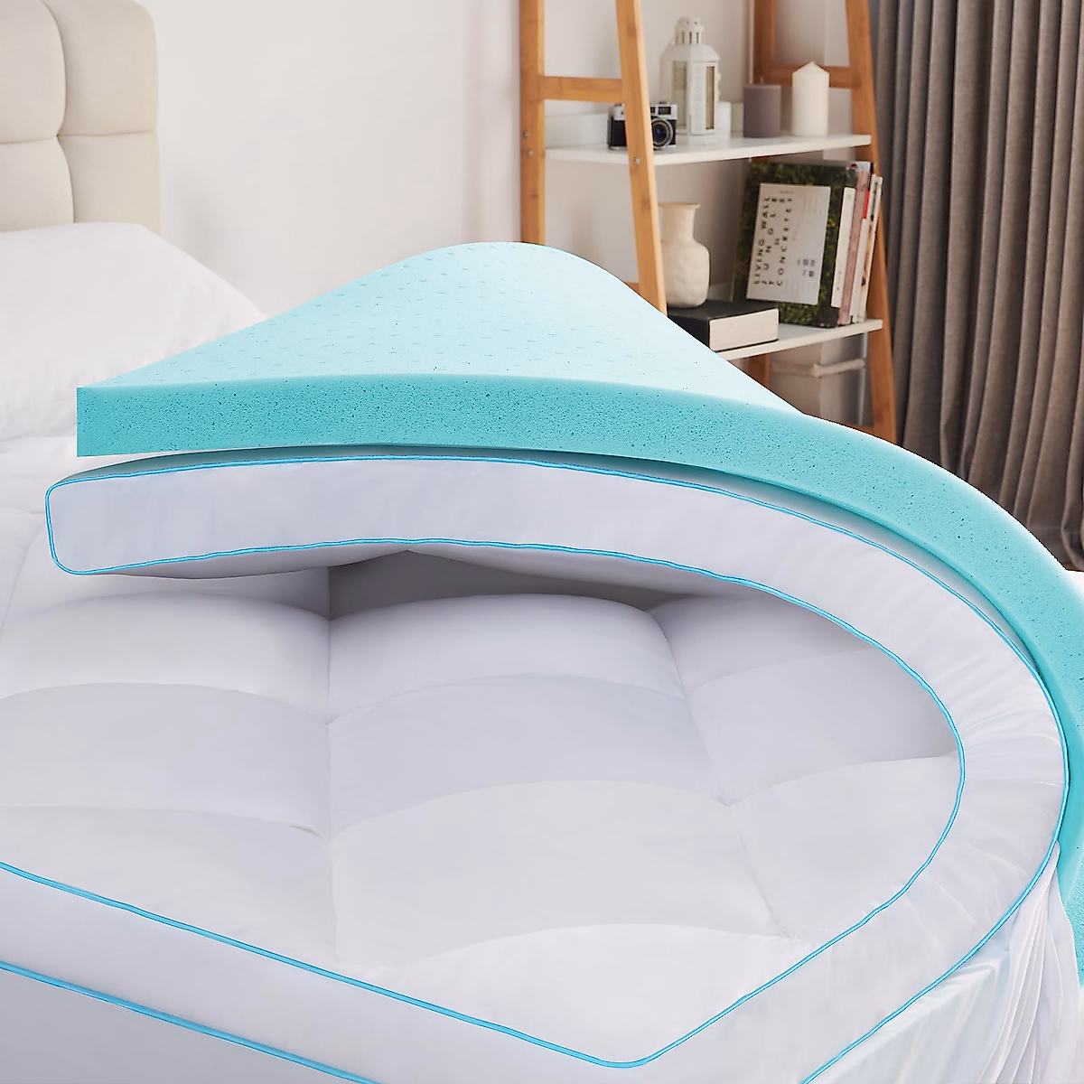 Dourxi Dual Layer 4 Inch Queen Size Mattress Topper, 2 Inch Cooling Gel Memory Foam Plus 2 Inch Down Alternative Pillow Top with 8-21 Inch Deep Pocket