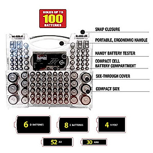 Battery Pro Organizer and Battery Tester, Wall-Mount Battery Storage Case, Holds 100 Assorted AA, AAA, C, 9-Volt, CR123, CR1632, and Button Cell Batteries, (White)