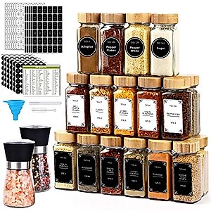 VIVAIVE Spice Jars with Labels,24 Pcs 4oz Glass Spice Jars with Bamboo Lid and 648 Waterproof Printed Labels,2 Salt and Pepper Grinder Set,Empty Spice Containers Bottles for Pantry,Cabinet,Drawer